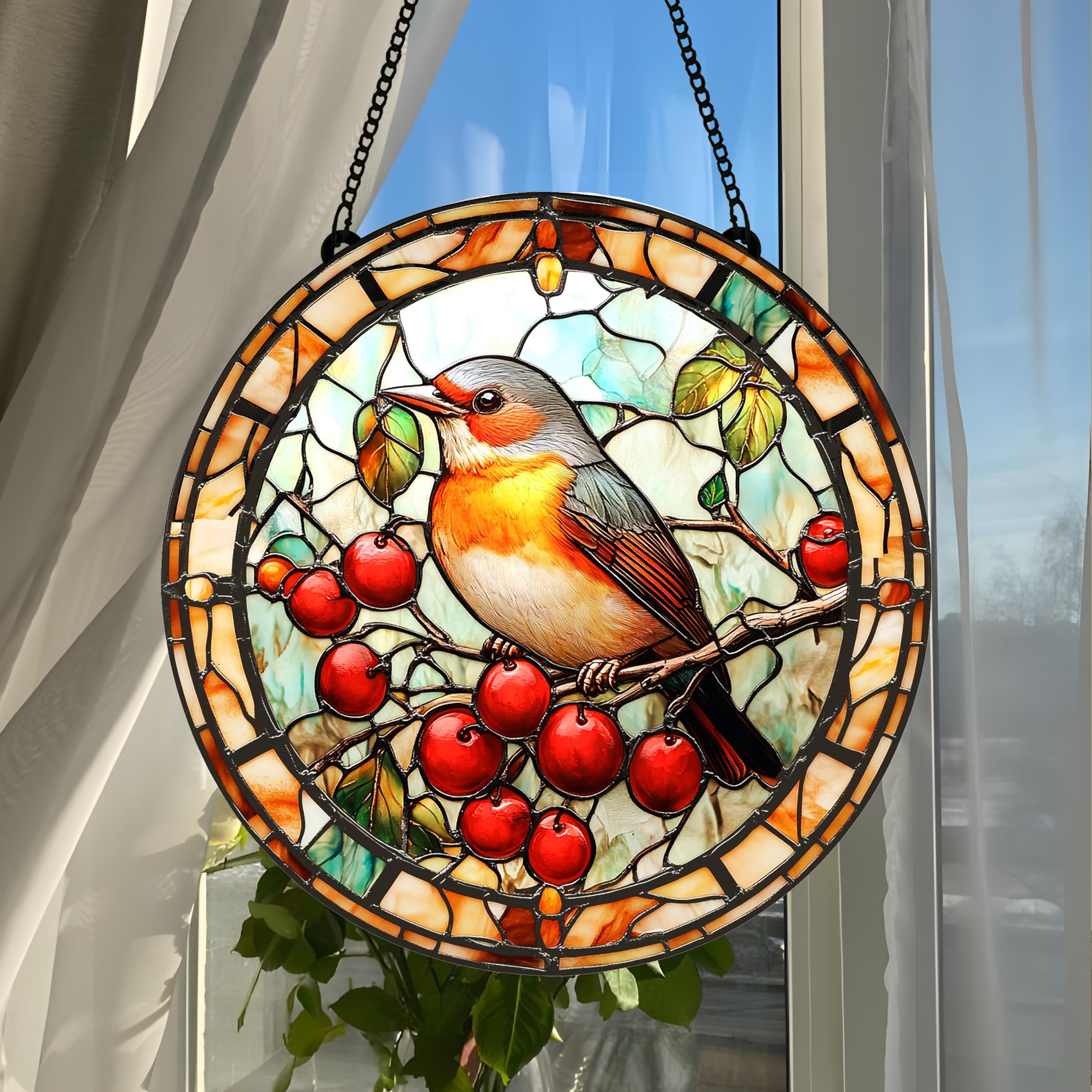 Bird Acrylic Suncatcher Round Window Hanging Red Berry Design Nature ...
