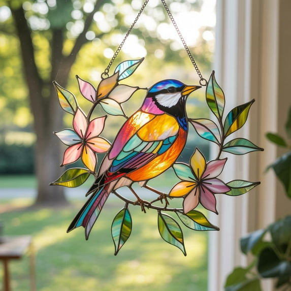 Bird Acrylic Suncatcher with Flowers, Colorful Bird Window Hanging ...