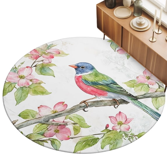 Bird Area Rugs 3' (Round) Spring Pink Flower Floor Rug Non Slip Low ...
