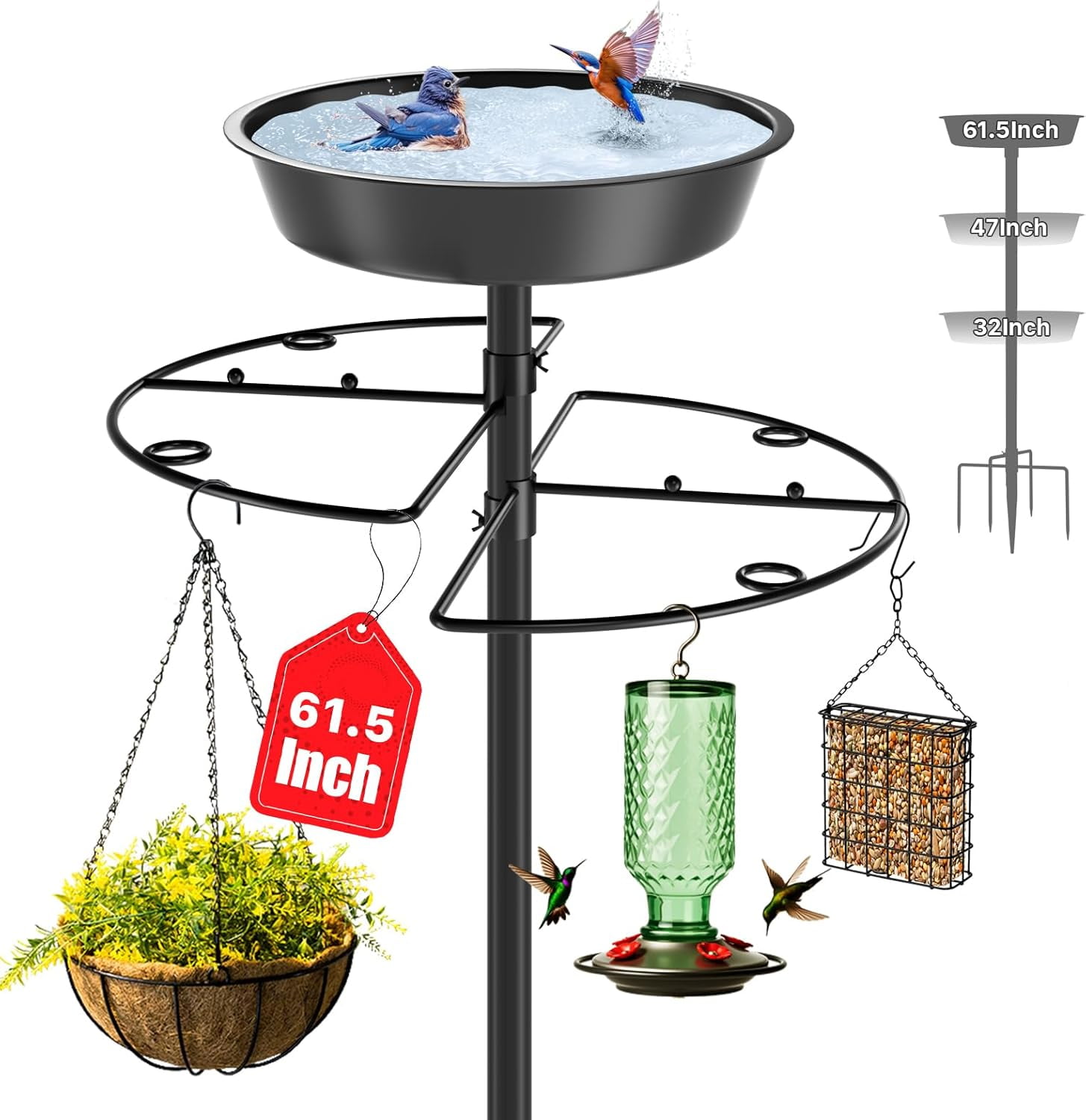 Bird Bath with Bird Feeder Pole - Heavy Duty 61.5 Inch with ...