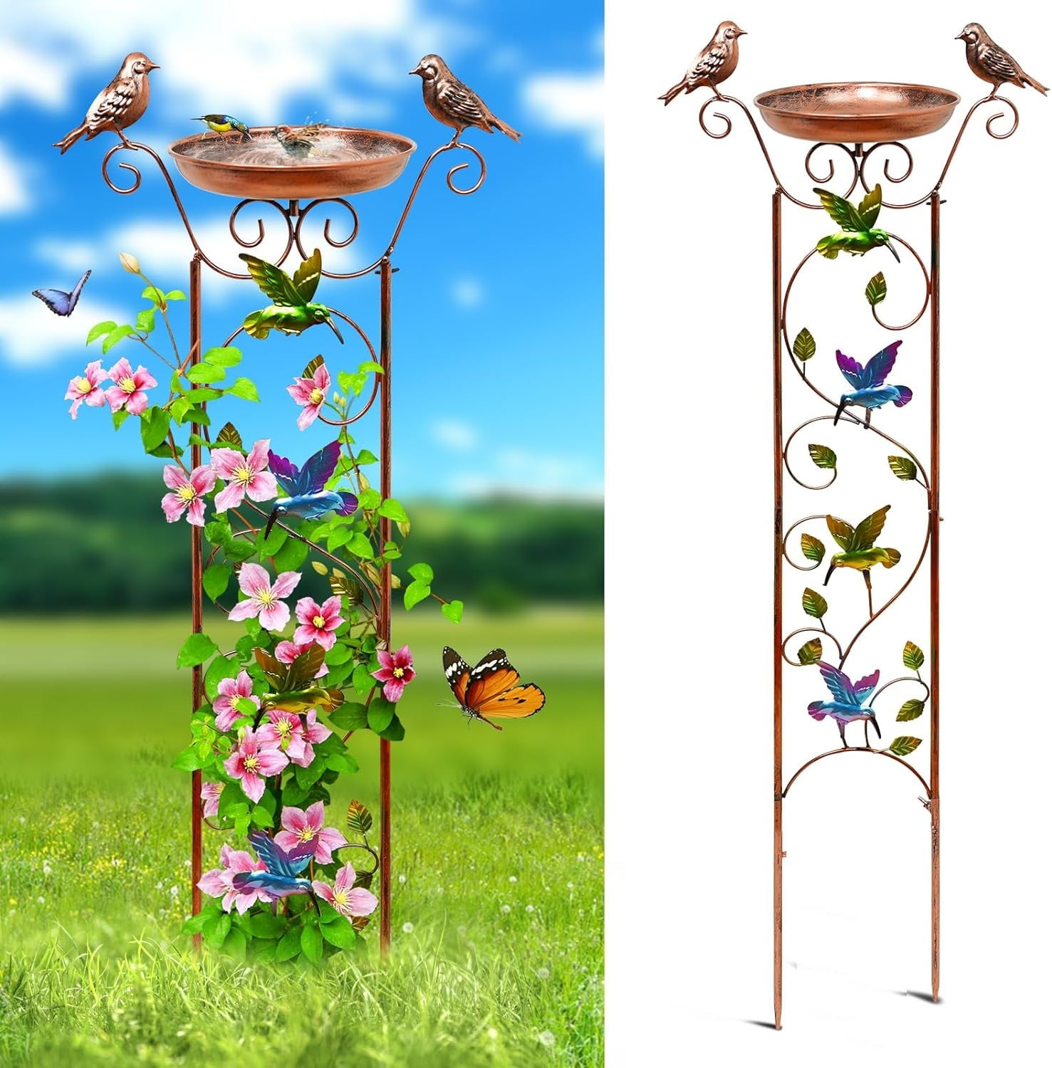 Bird Bath Bowl with Garden Trellis Outdoor, Vintage Decorative Birdbaths Bowl for Climbing ...