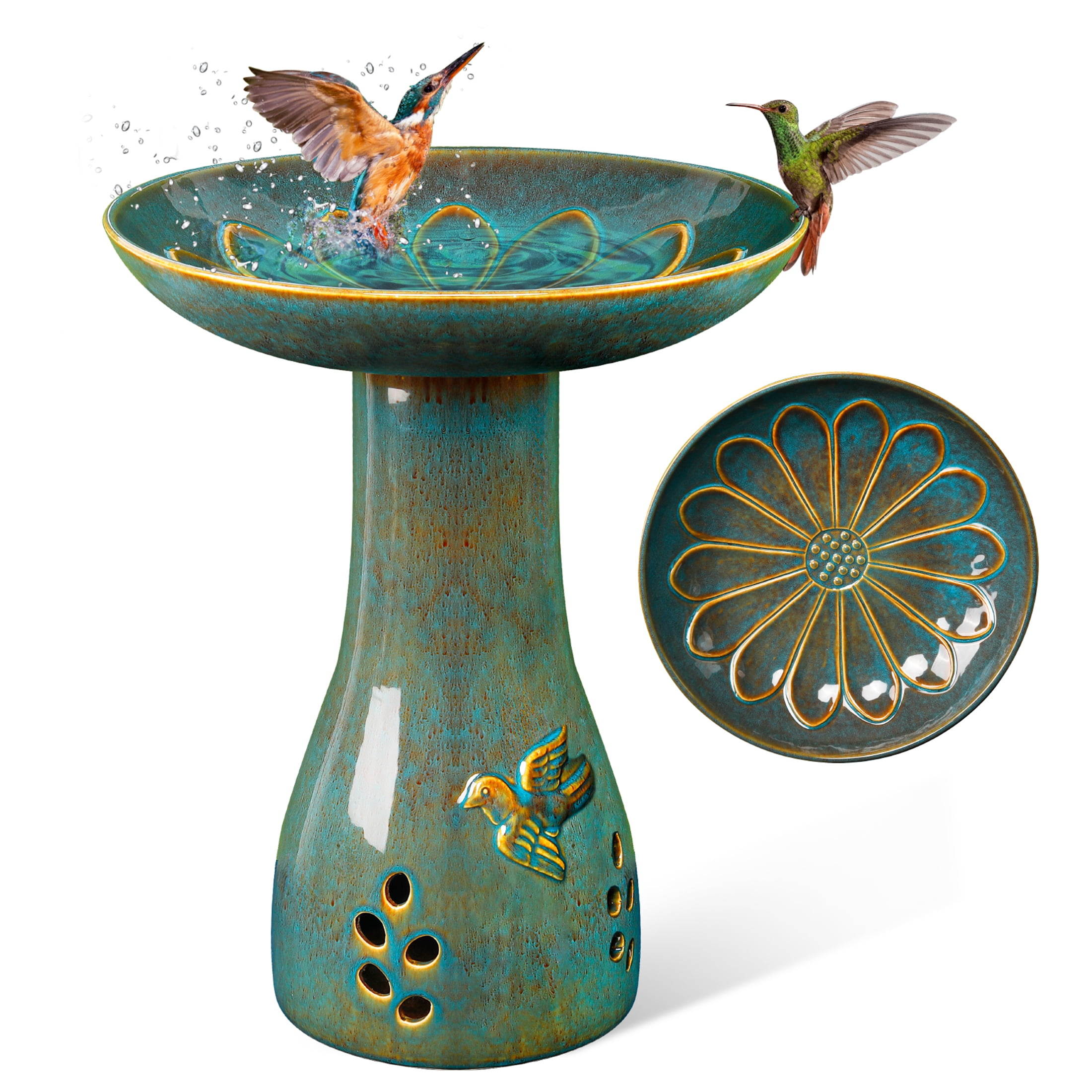 BUYMAX 21.5 Inch Outdoor Ceramic Weatherproof Bird Bath- Kiln Glazed ...