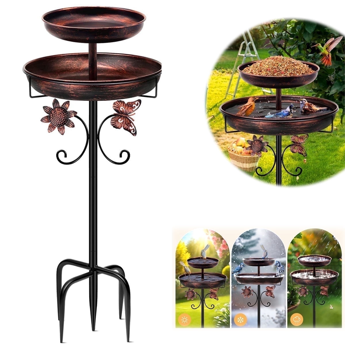 SLUMLOVE Bird Bath for Outside, 42In Double Metal Bird Bath for Garden ...