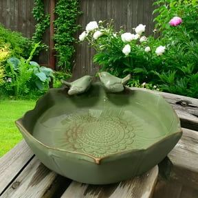 Esschert Design USA Ceramic Bird Bath on Pedestal with Bird, Teal ...