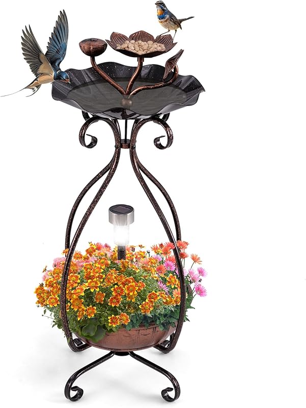 Bird Bath with Planter - Solar Lighted Bird Bath for Outside with Bird ...