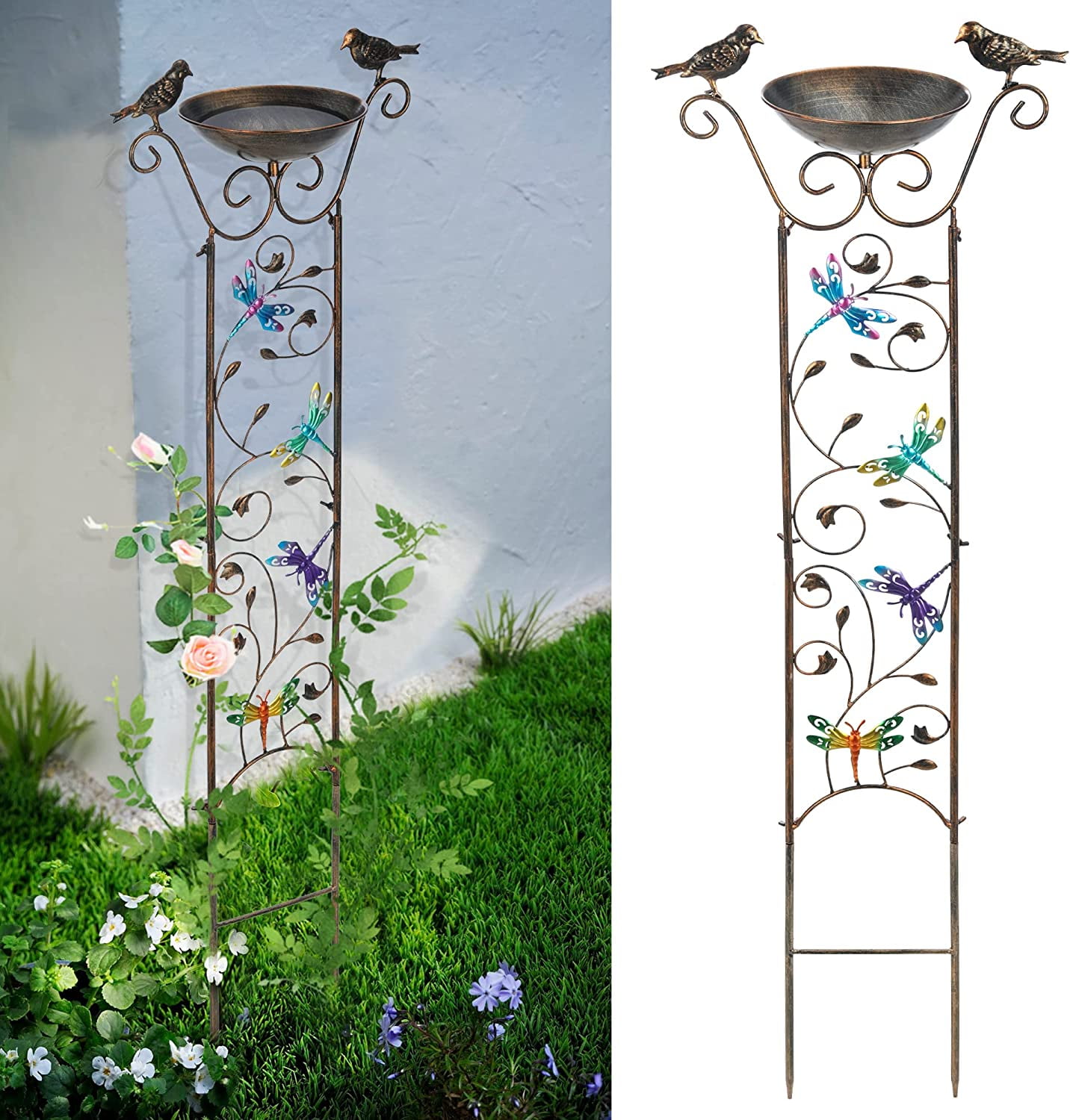 Bird Bath with Trellis Outdoor, Antique Garden Iron Plant Trellis with ...
