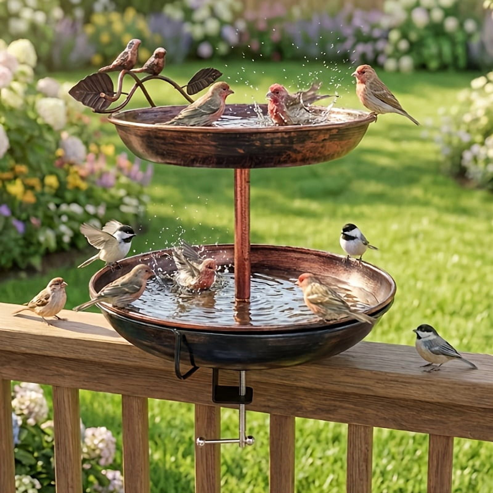 Bird Bath for Balcony Railing with Clamp, 2 Tier Bird Feeder Bowl ...