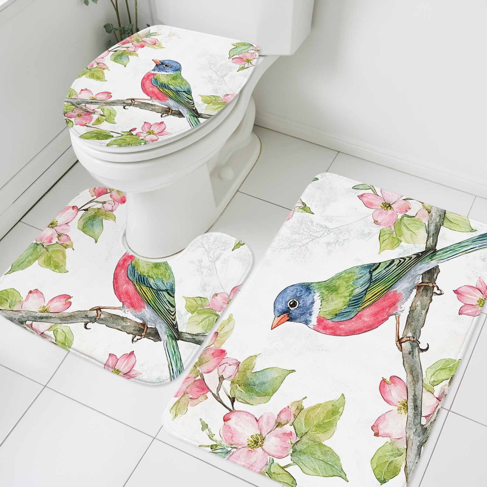 Bird Bathroom Rugs Set Spring Pink Flower Non Slip Absorbent Soft Bath ...