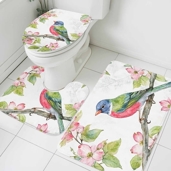 Bird Bathroom Rugs Set Spring Pink Flower Non Slip Absorbent Soft Bath ...