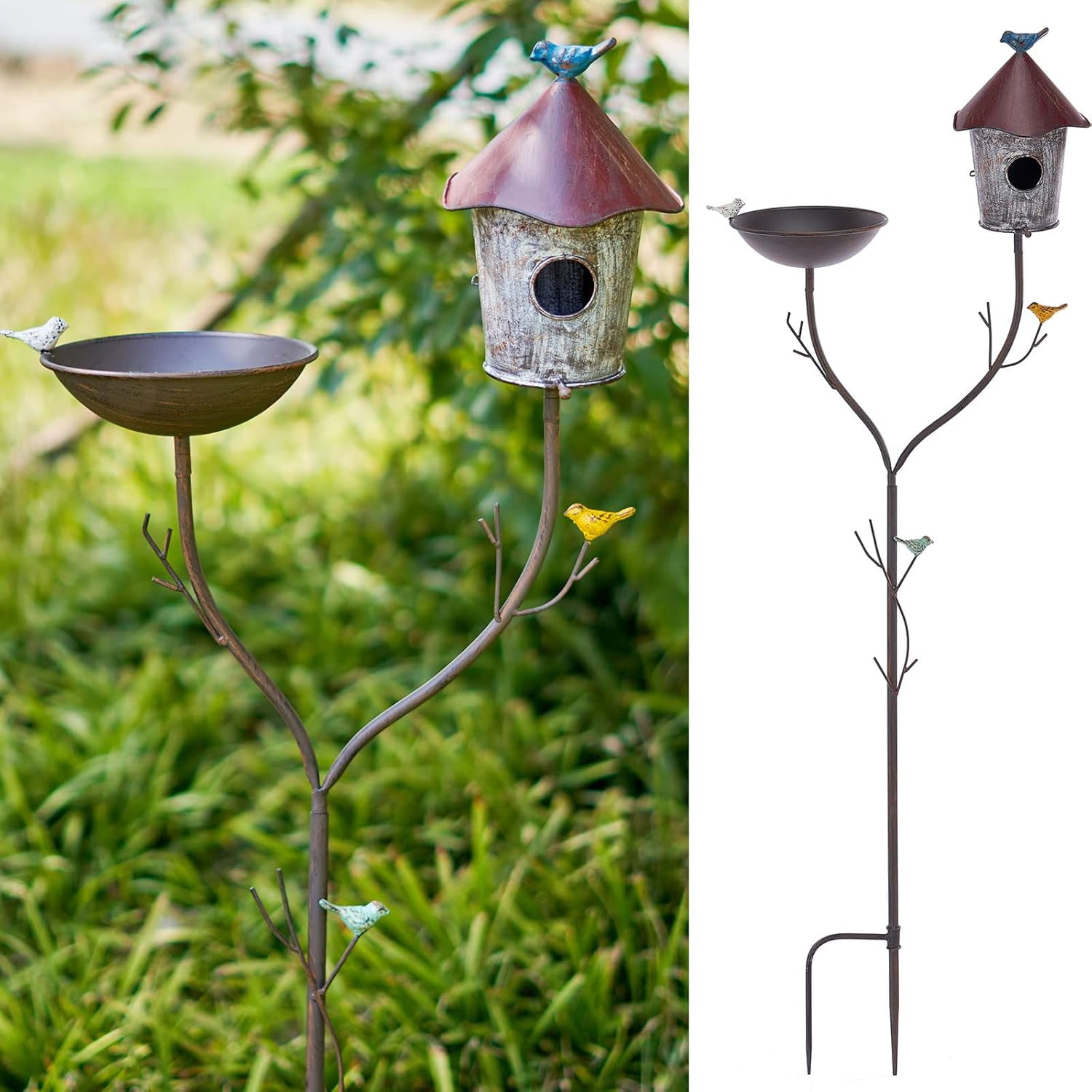 Bird Baths and BirdHouses with Pole, Distressed Metal Bird Bath Bowl ...