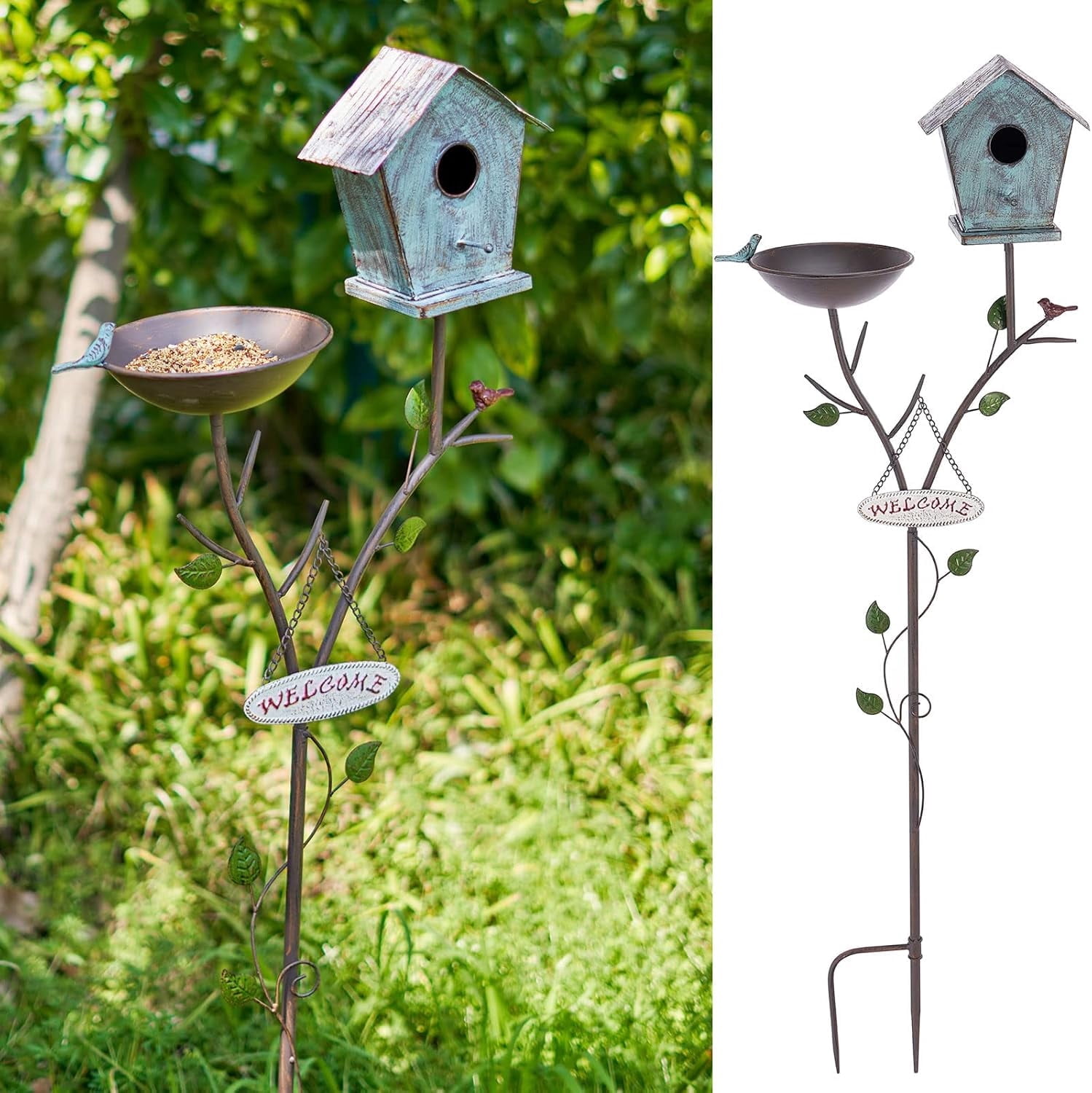 Bird Baths and BirdHouses with Pole, Distressed Metal Bird Bath Bowl ...