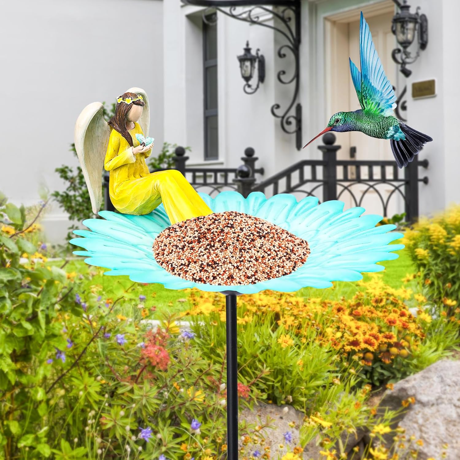 Bird Baths for Outdoors, Metal Garden Bird Bath with Resin Angel Statue ...