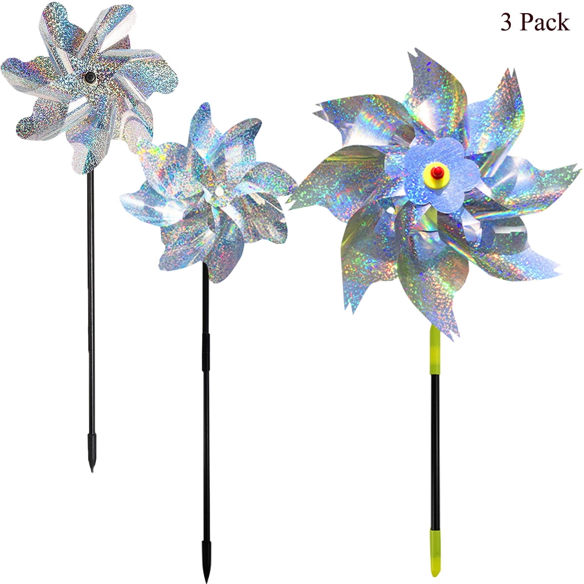 3 Pack Reflective Pinwheels Bird Blinder Sparkly Pin Wheel Scare Birds ...