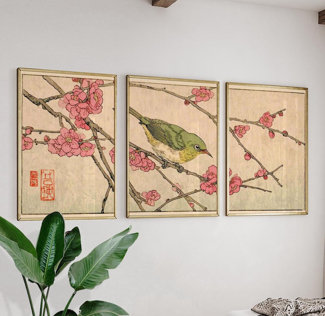 Bird Blossom Japanese Floral Art Wall Decor Set 3 Unframed Paper Print ...