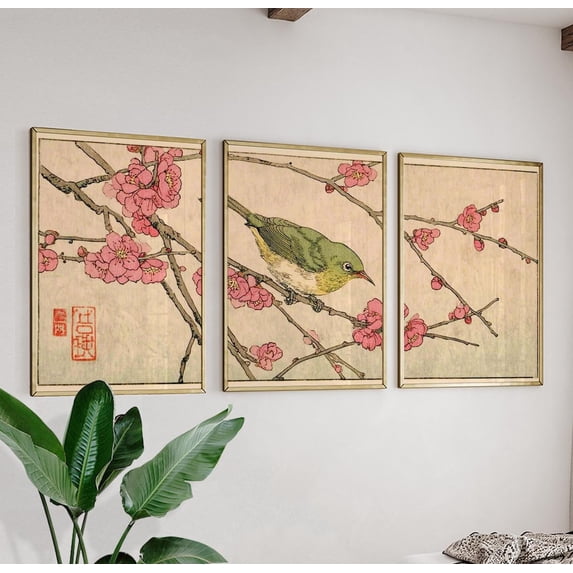 Bird Blossom Japanese Floral Art Wall Decor Set 3 Unframed Paper Print ...