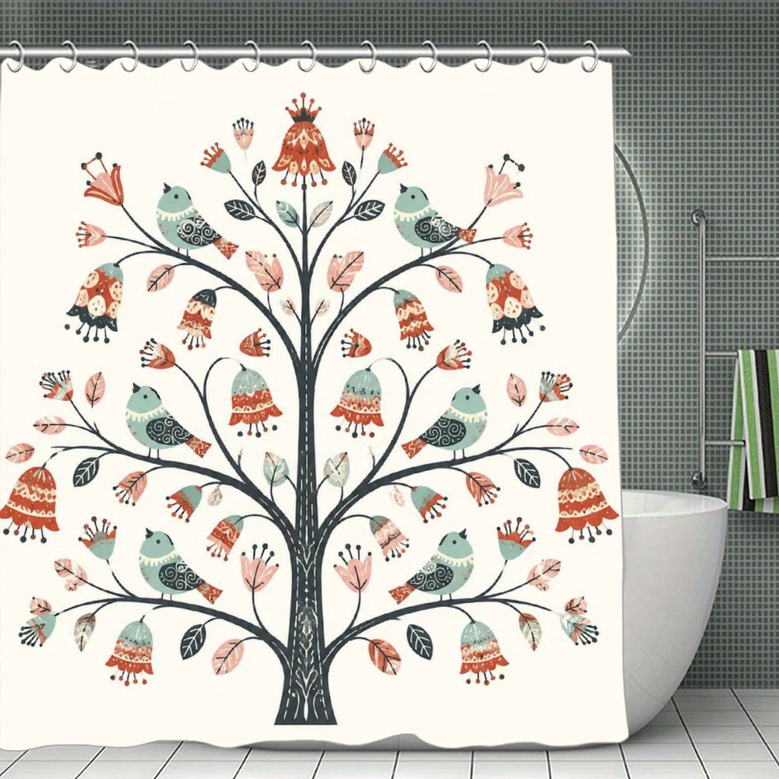 Bird Blossom Tree Print Shower Curtain,Cloth Fabric Waterproof ...