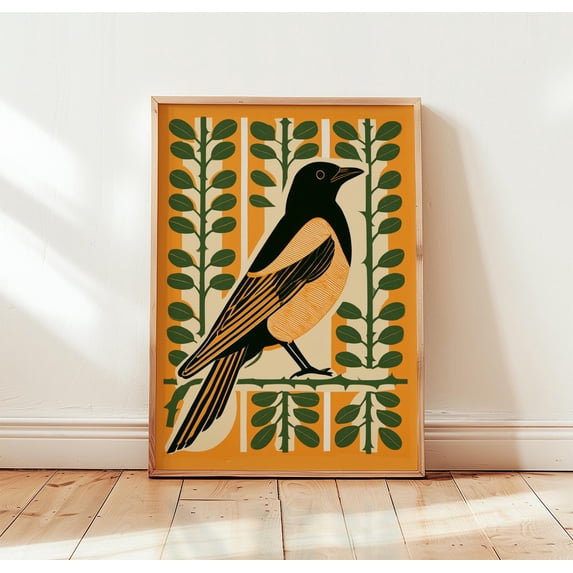 Bird Botanical Poster | Mid Century Nature Wall Art | Linocut Print ...