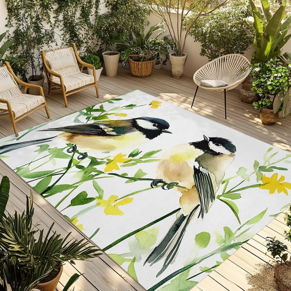 Bird Branch Outdoor Rug, Watercolor Animal Green Leaves Landscape Non ...