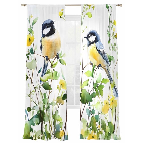 Bird Branch Sheer Curtains 2 Panels Set Watercolor Animal Green Leaves ...