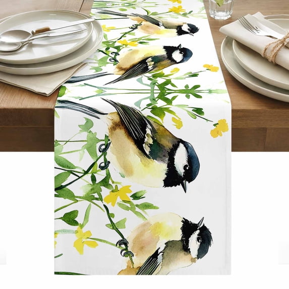 Bird Branch Table Runner 13 x 120 Inch, Watercolor Animal Green Leaves ...
