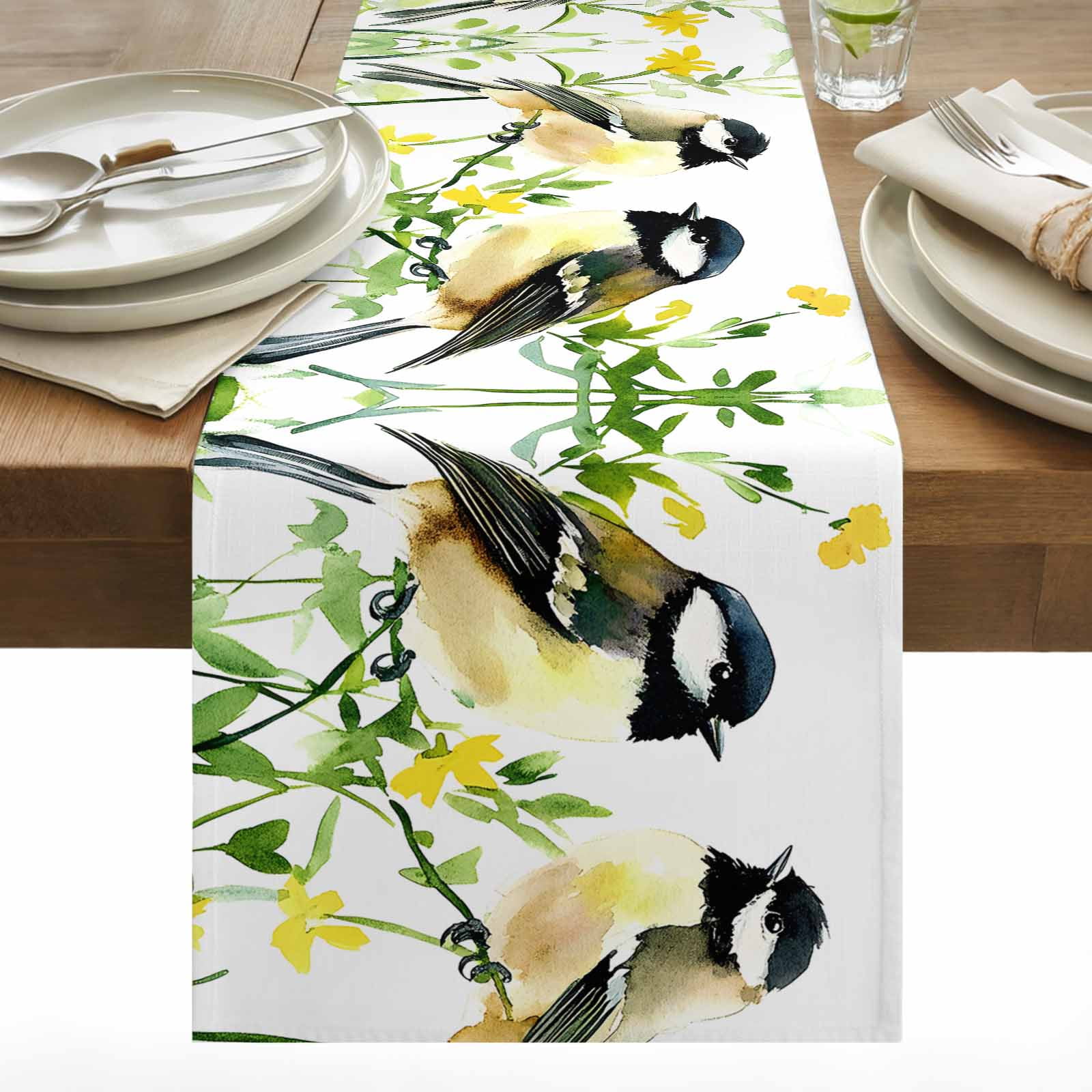 Bird Branch Table Runner 13x60 inch Watercolor Animal Green Leaves ...
