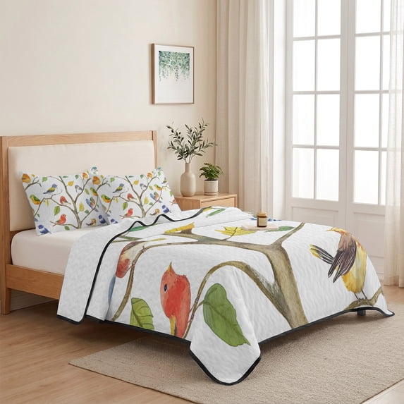 Bird on A Branch Watercolor Leaves 3 Pieces Quilt Set,1 Quilt with 2 ...