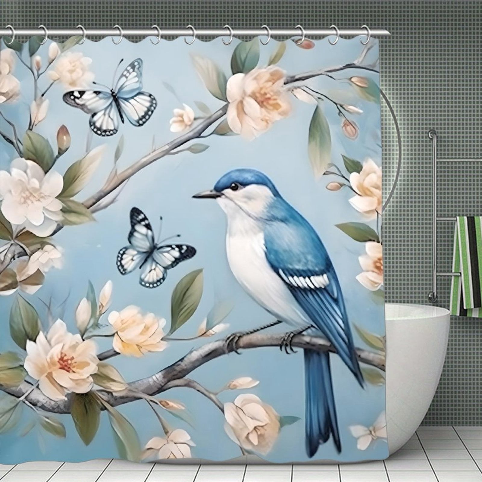 Bird Butterfly Branch Flower Print Shower Curtain,Modern Fabric ...