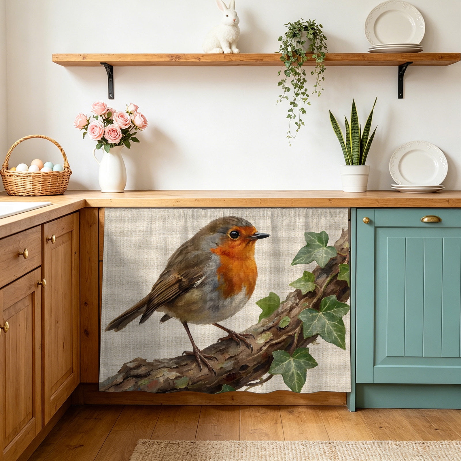 Bird Cabinet Curtains 10" W x 11" L, Ivy Branch Animal Pattern Nature ...