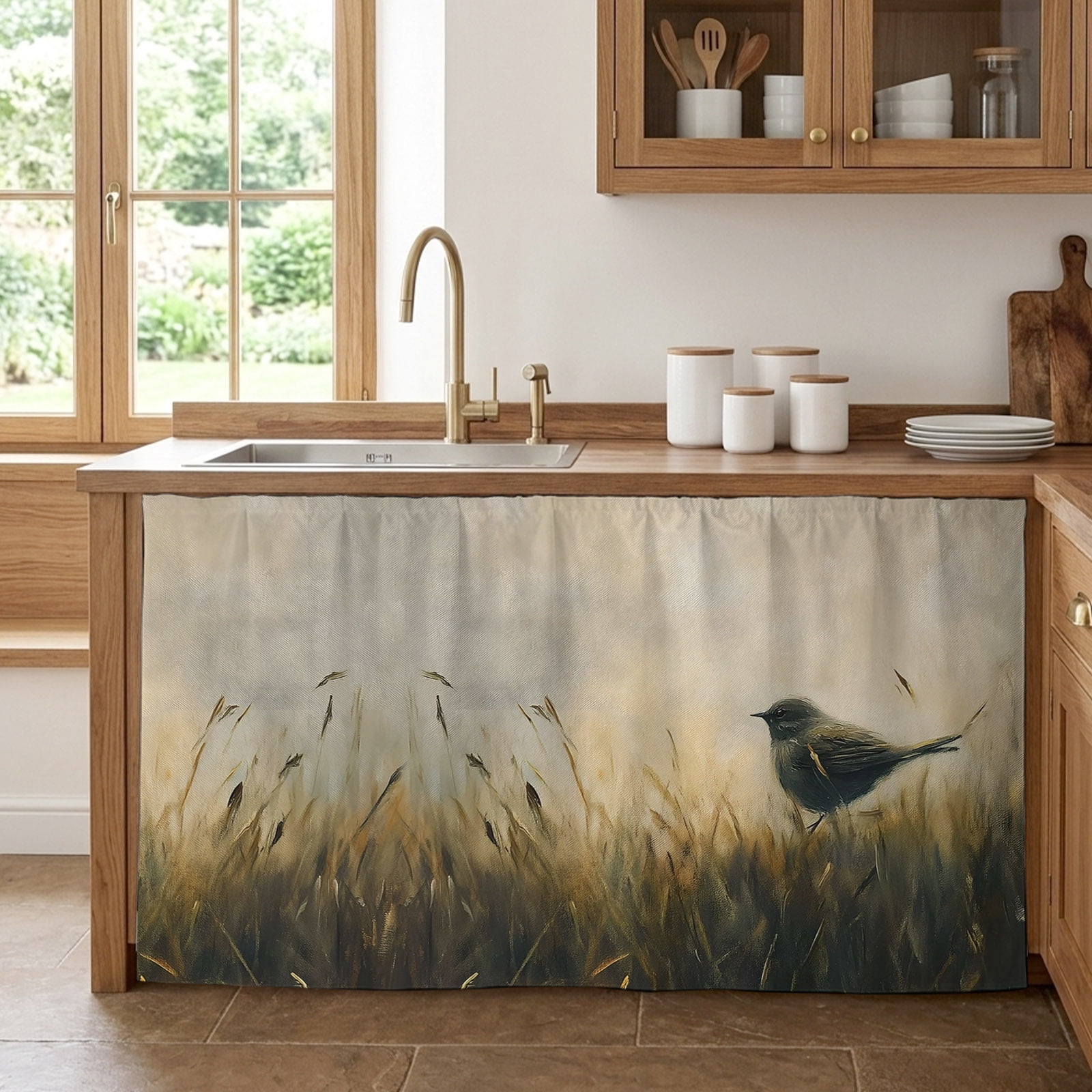 Bird Cabinet Curtains 28" W x 51" L Wild Grass Misty Field Animal ...