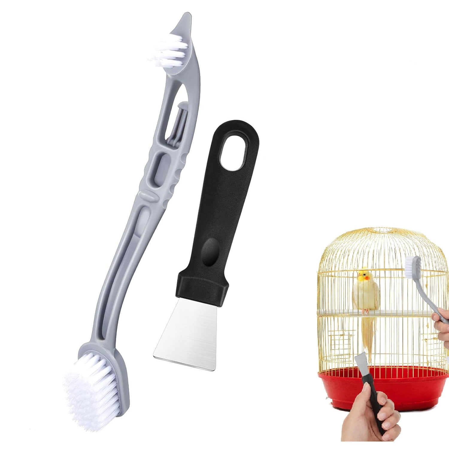Bird Cage Cleaner with Two Brush Heads Stainless Steel Bird Droppings ...