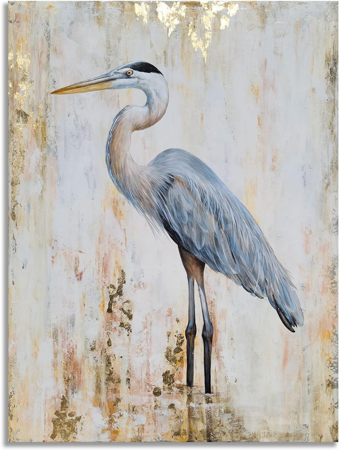 Bird Canvas Wall Art - Heron Painting with Gold Foil for Farmhouse ...