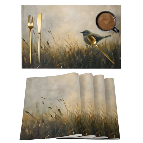 Bird Cotton Linen Placemats Set of 2, Wild Grass Misty Field Animal ...