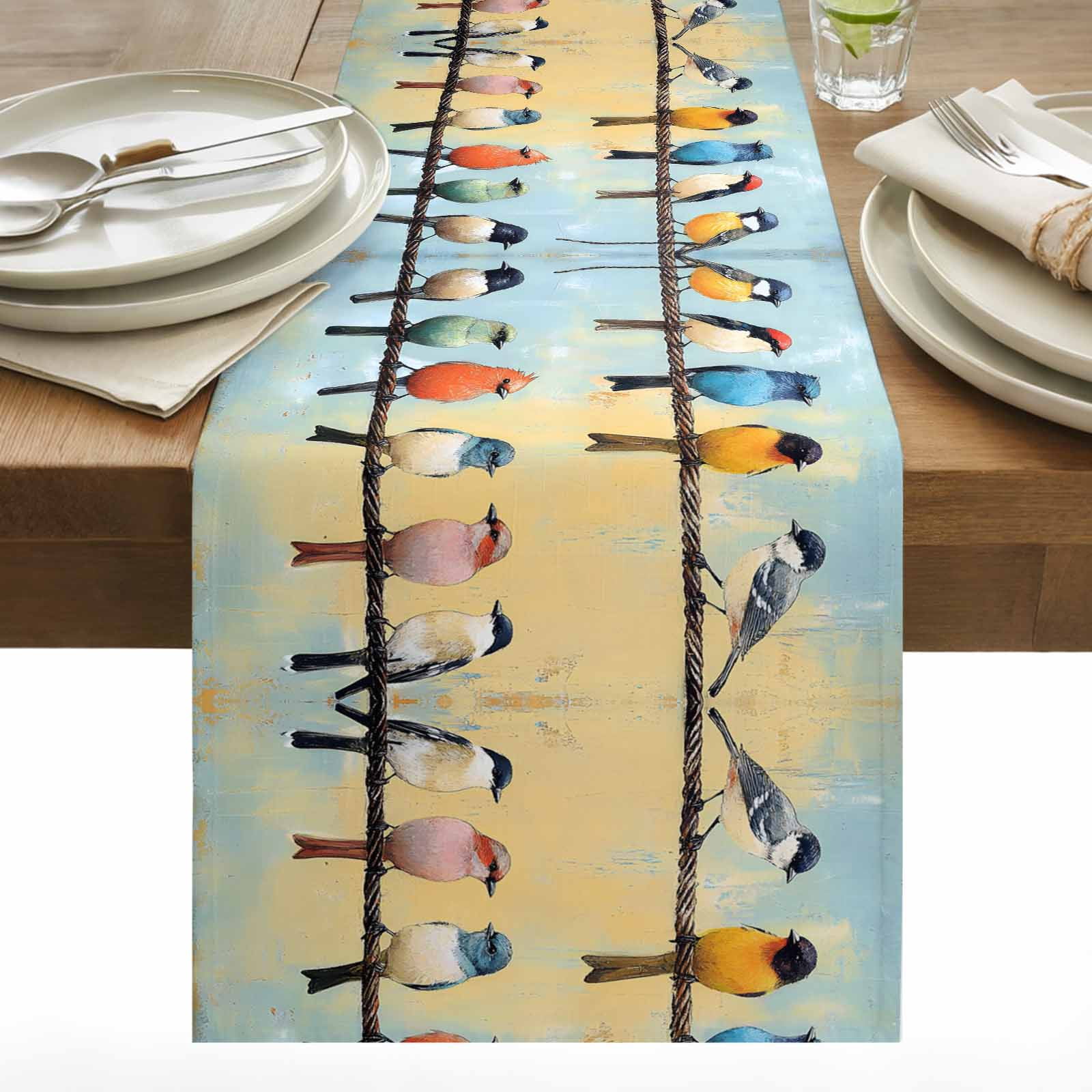 Bird Cotton Linen Table Runner Colorful Animal Dining Table Runners for ...