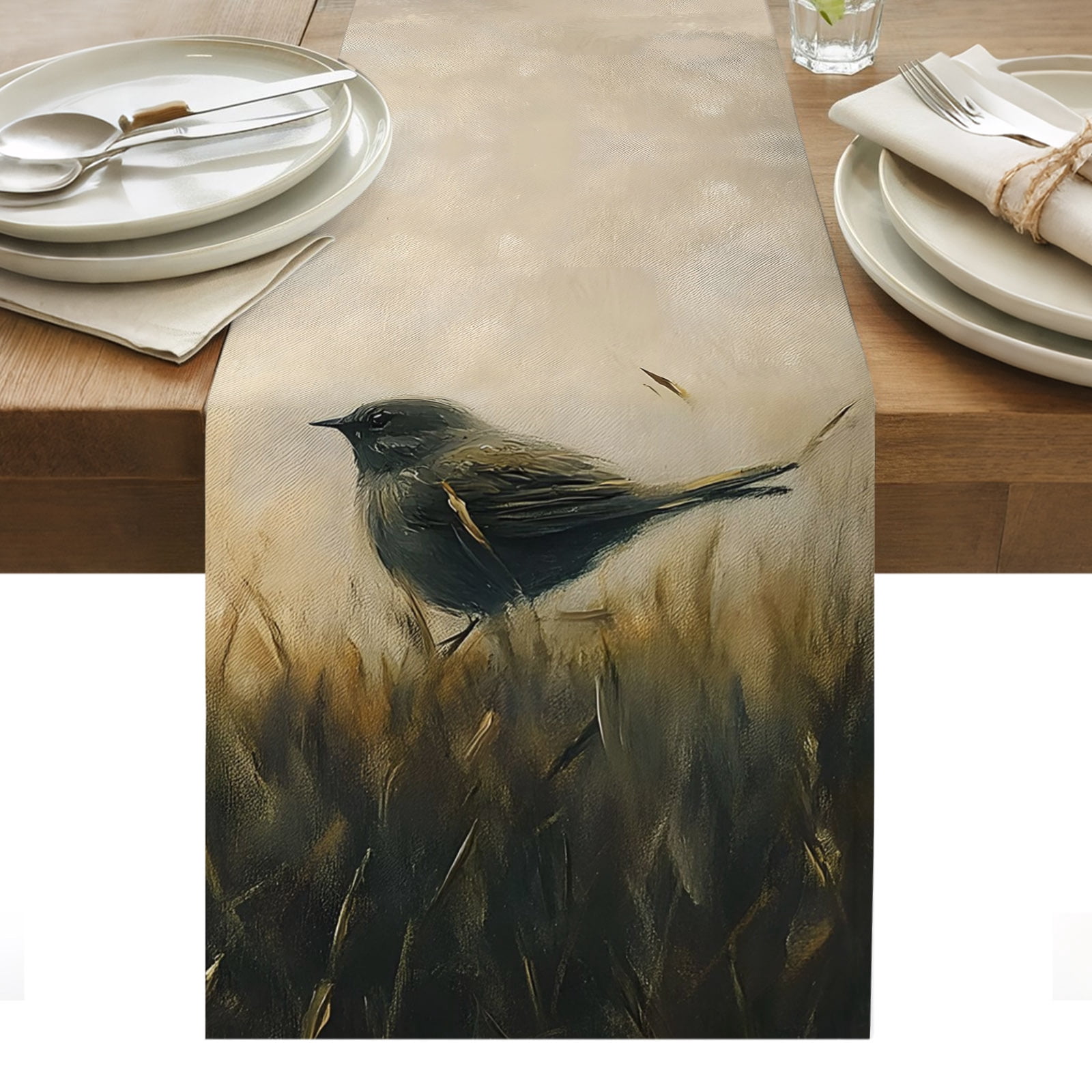 Bird Cotton Linen Table Runner Wild Grass Misty Field Animal Nature ...