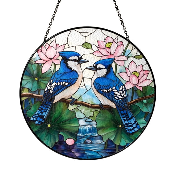 Bird Creek Scene Stained Glass Style Window Hanging – Floral Nature Art ...