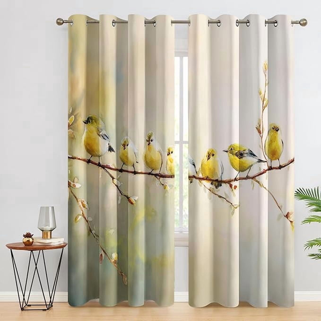 Bird Curtains for Living Room, Yellow Sparrow Pattern Design Blackout ...