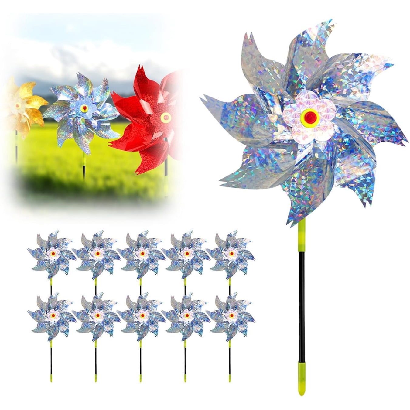 Bird Deterrents for Outside,10 Pack Reflective Pinwheels for Yard and ...