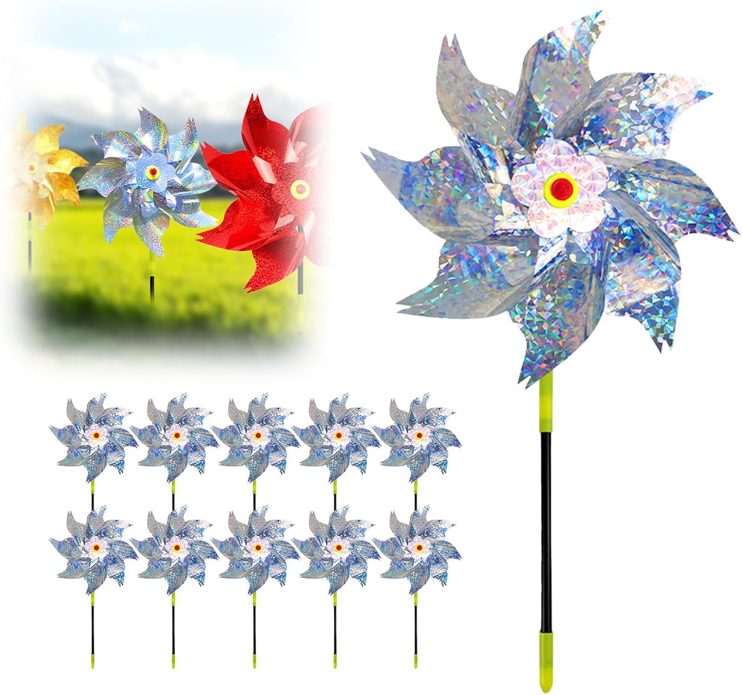 Bird Deterrents for Outside,10 Pack Reflective Pinwheels for Yard and ...