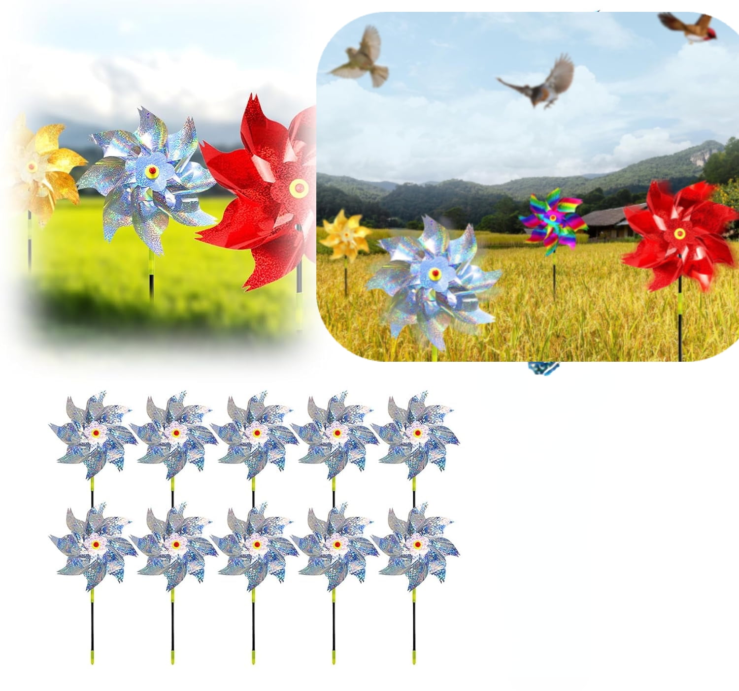 Bird Deterrents for Outside,10 Pack Reflective Pinwheels for Yard and ...