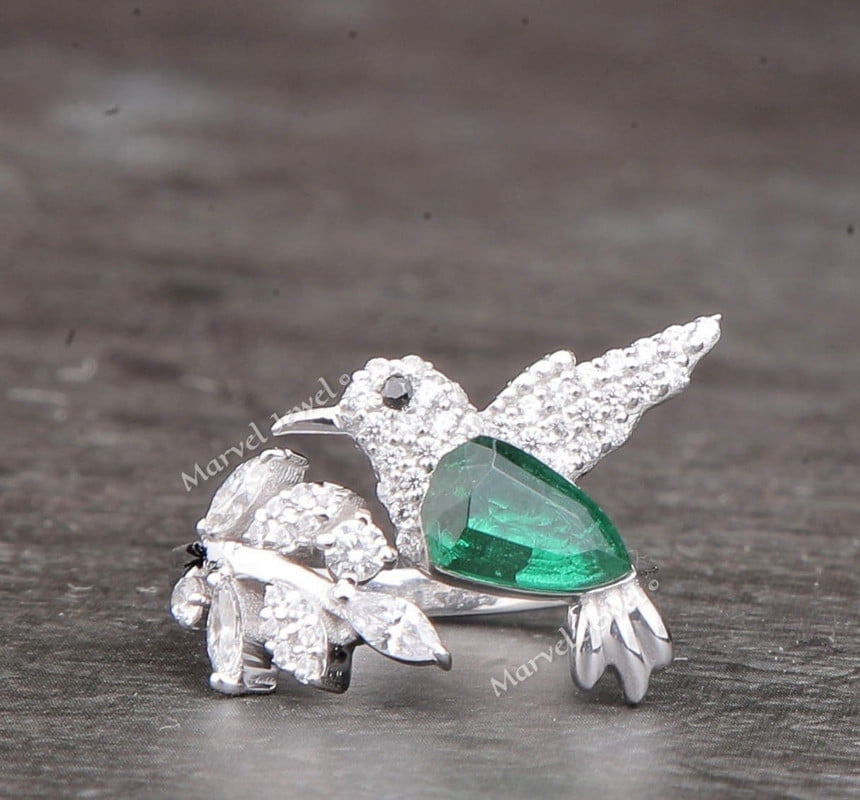Bird Diamond Ring, Pear Cut Emerald Ring, Leaf Shank Diamond Engagement ...