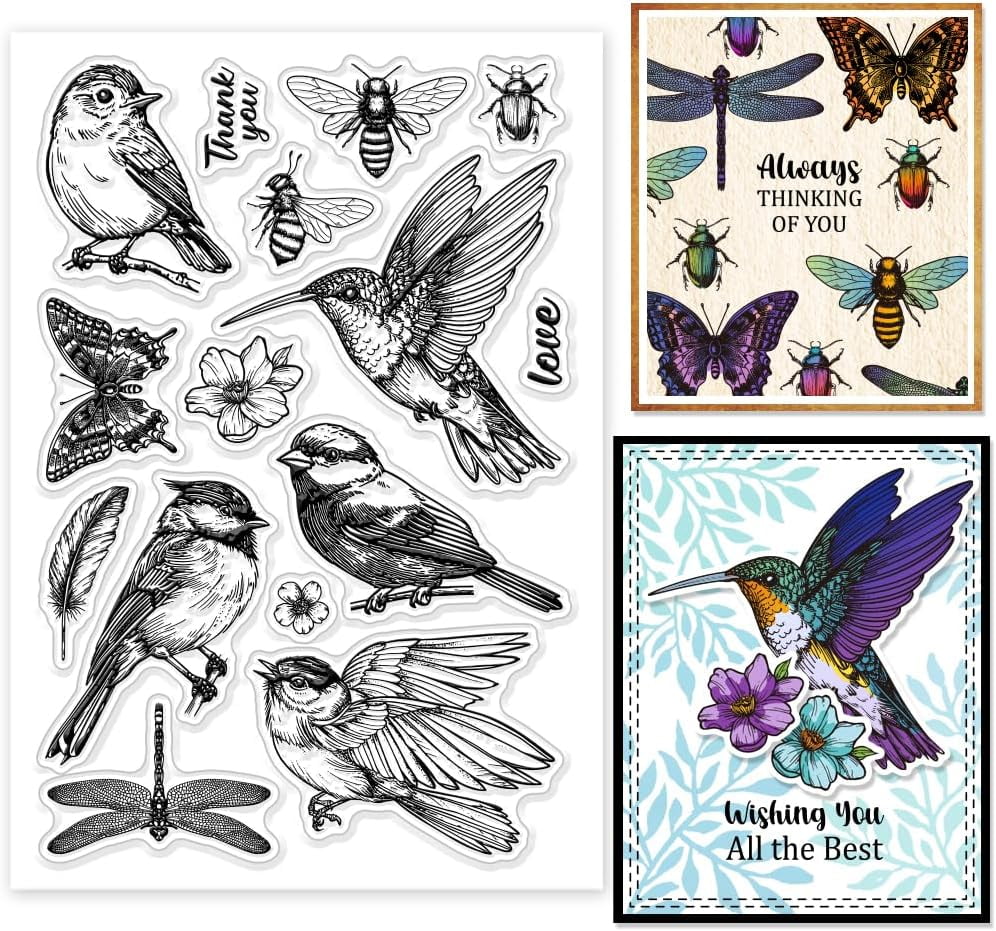 Bird Dragonfly Clear Stamps Butterfly Bee Hummingbird Feathers Silicone ...