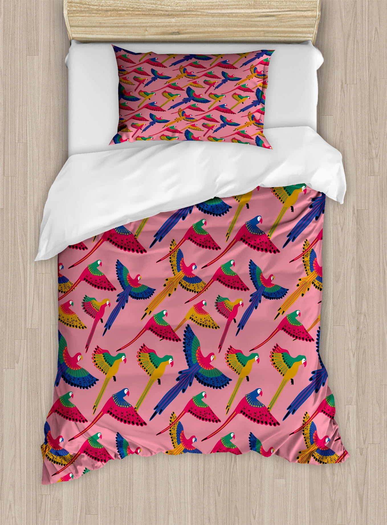 Bird Duvet Cover Set, Colorful Tropical Parrots Pattern Animals with ...