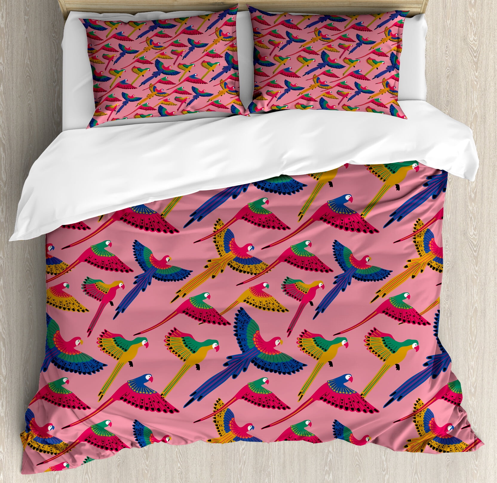 Bird Duvet Cover Set, Colorful Tropical Parrots Pattern Animals with ...
