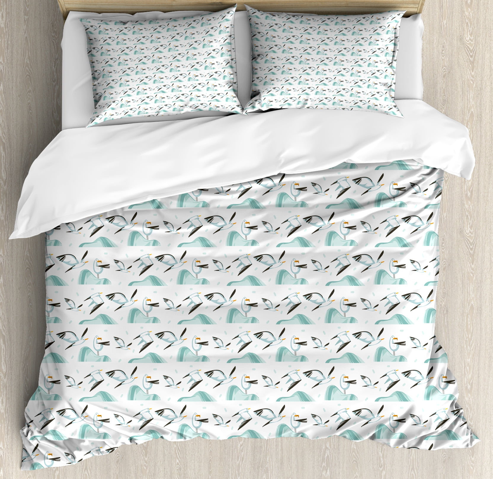 Bird Duvet Cover Set, Marine Themed Cartoon Design with Seagulls Flying ...