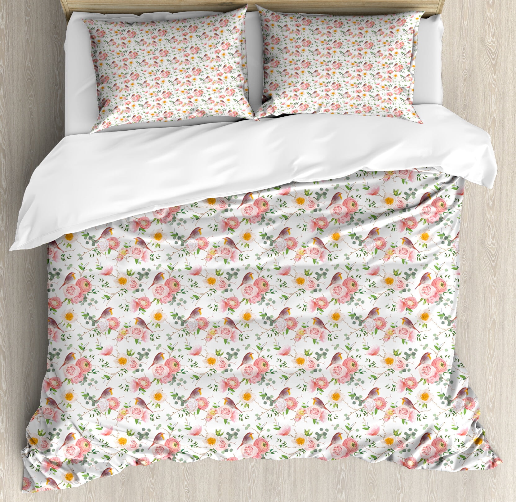 Bird Duvet Cover Set, Print of Rose Floral Romantic Feminine Spring ...