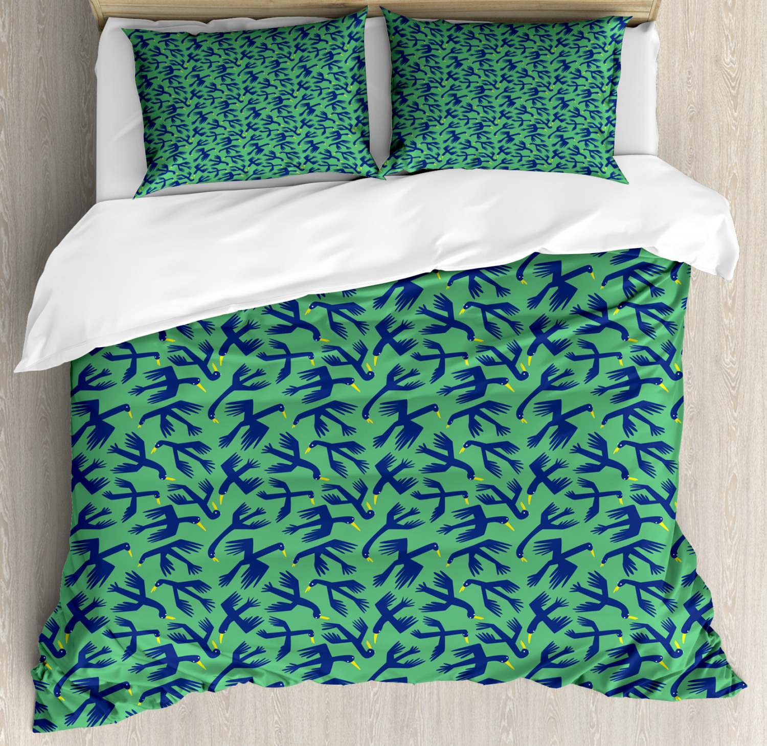 Bird Duvet Cover Set Queen Size, Whimsical Flying Duck Characters with ...