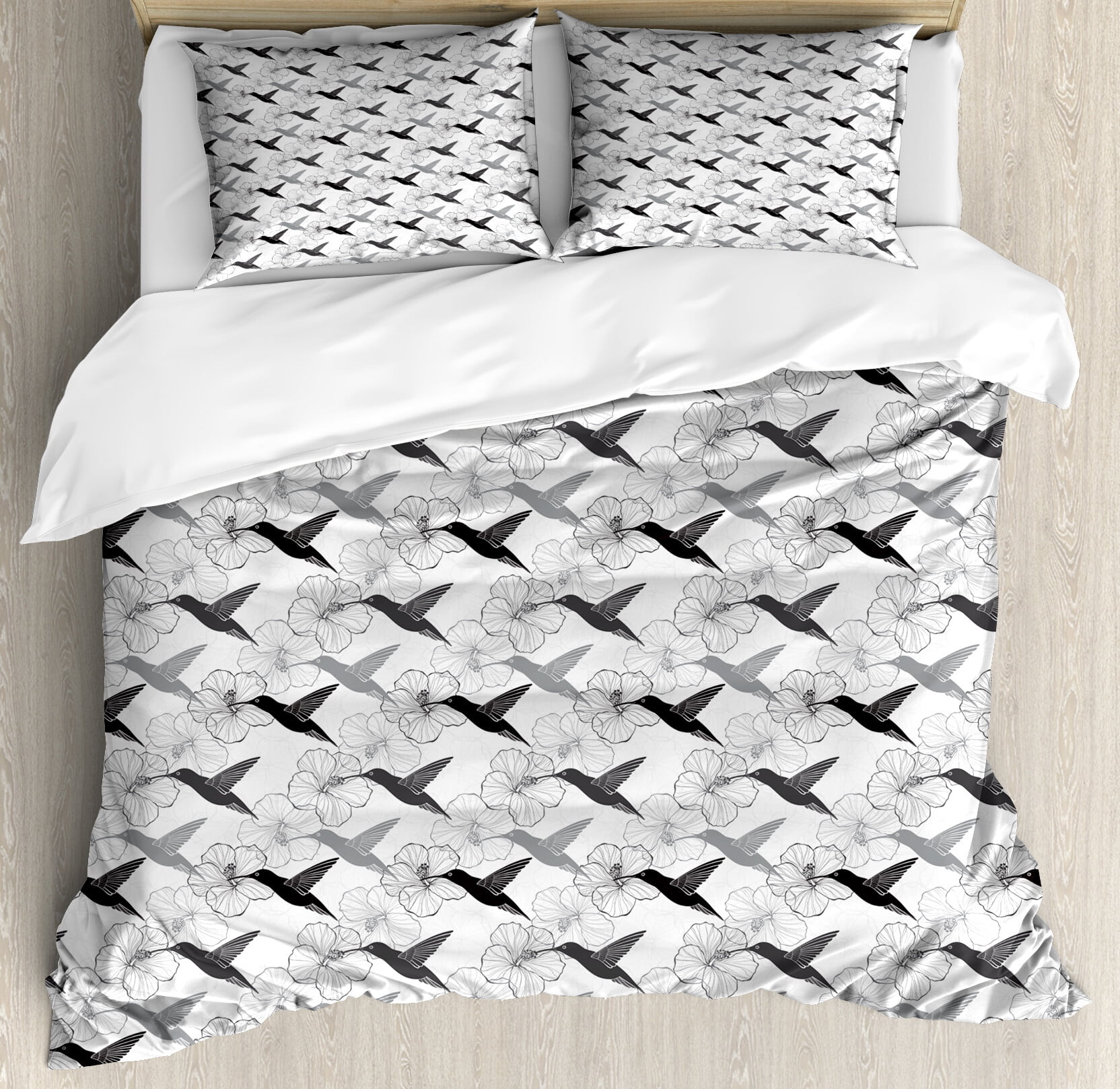 Bird Duvet Cover Set, Repetitive Exotic Hibiscus Flower Hummingbird ...