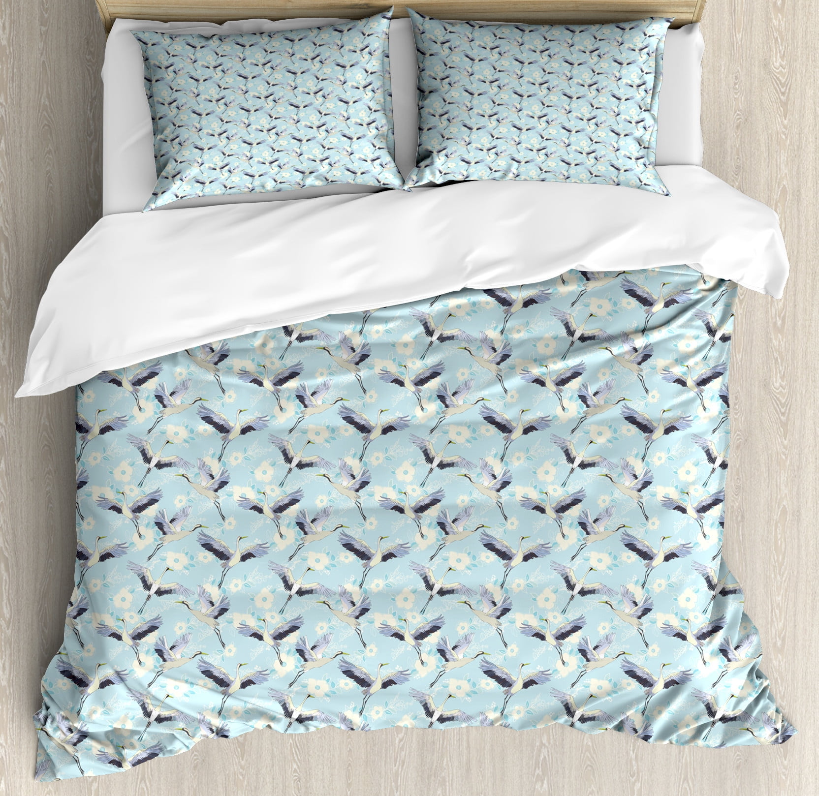 Bird Duvet Cover Set, Repetitive Free Flying Crane White Innocent Hand ...
