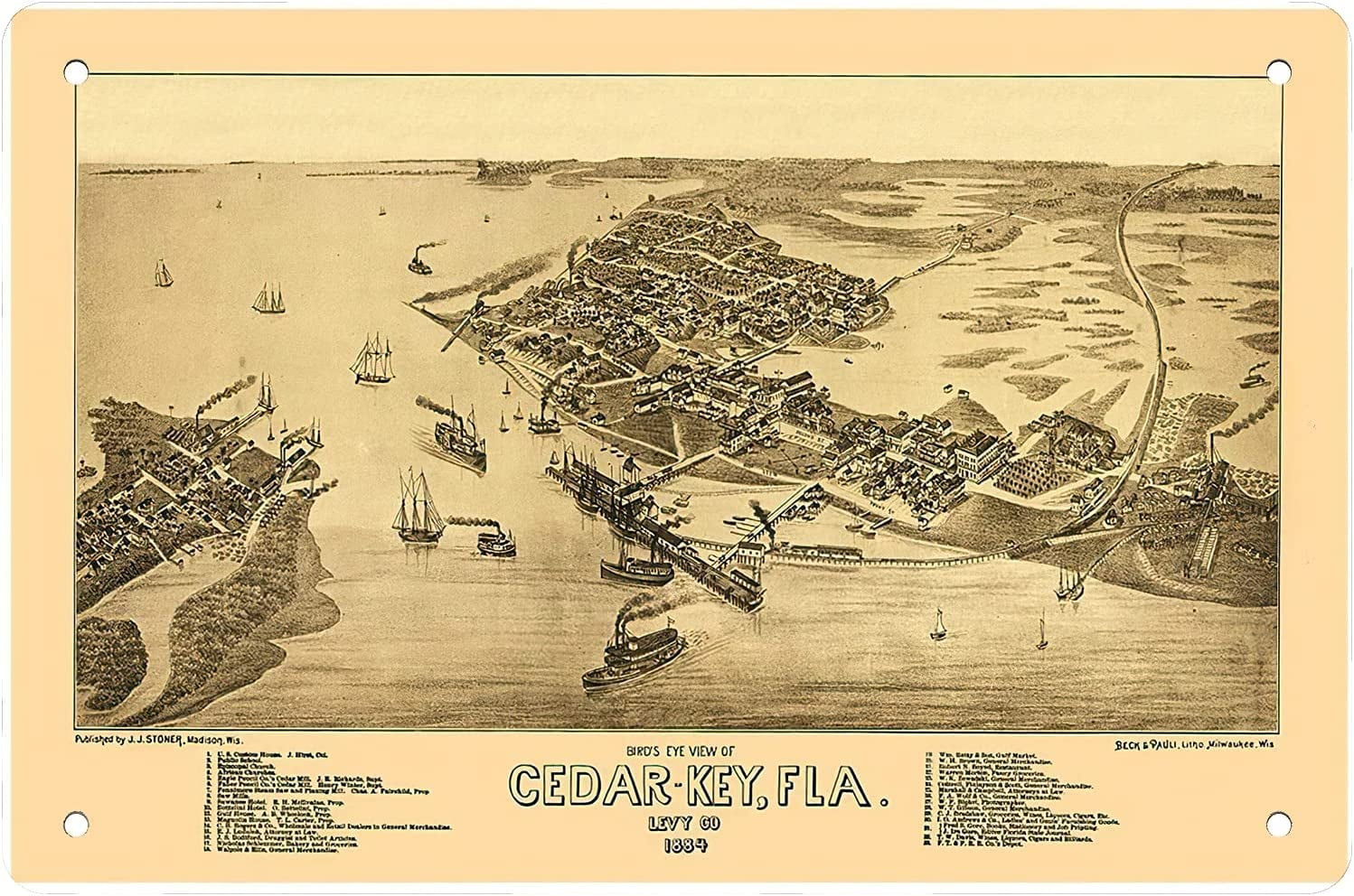 Bird Eye View Map Of Cedar Key Florida Home Wall Decoration Garage Home ...