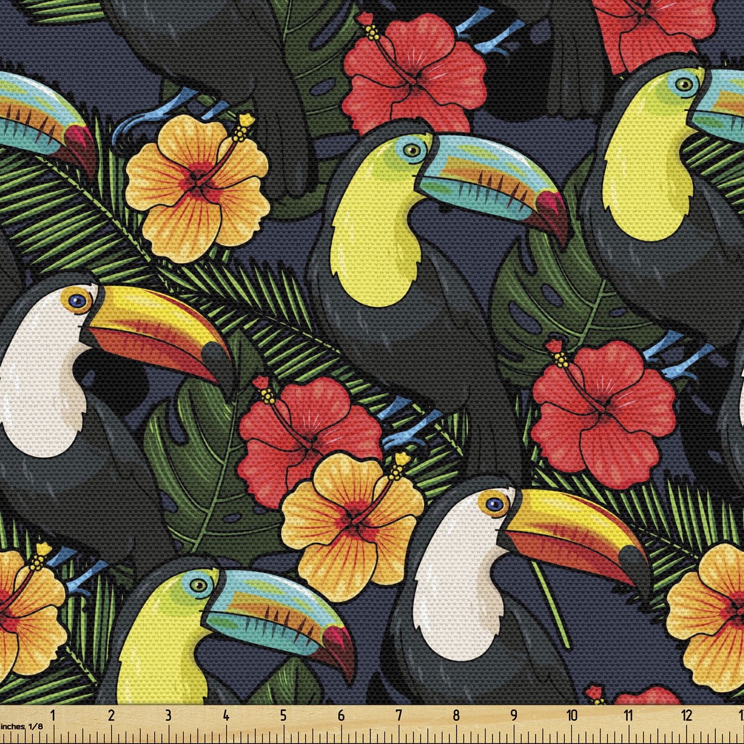Ambesonne Bird Fabric by the Yard Upholstery, Toucan Birds Hibiscus ...